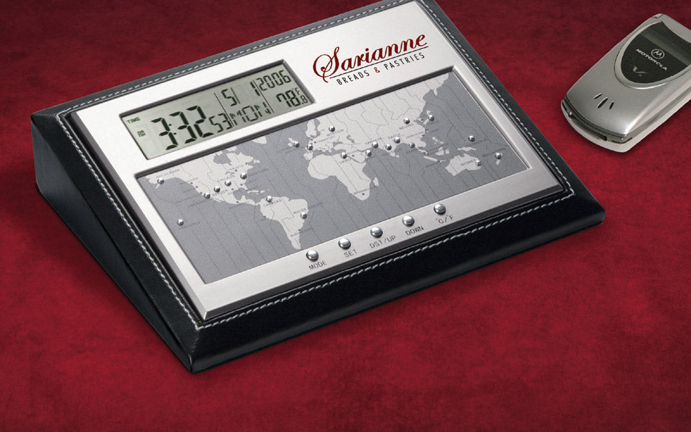 Executive World Time Alarm Clock With Calendar And Temperature In Leat